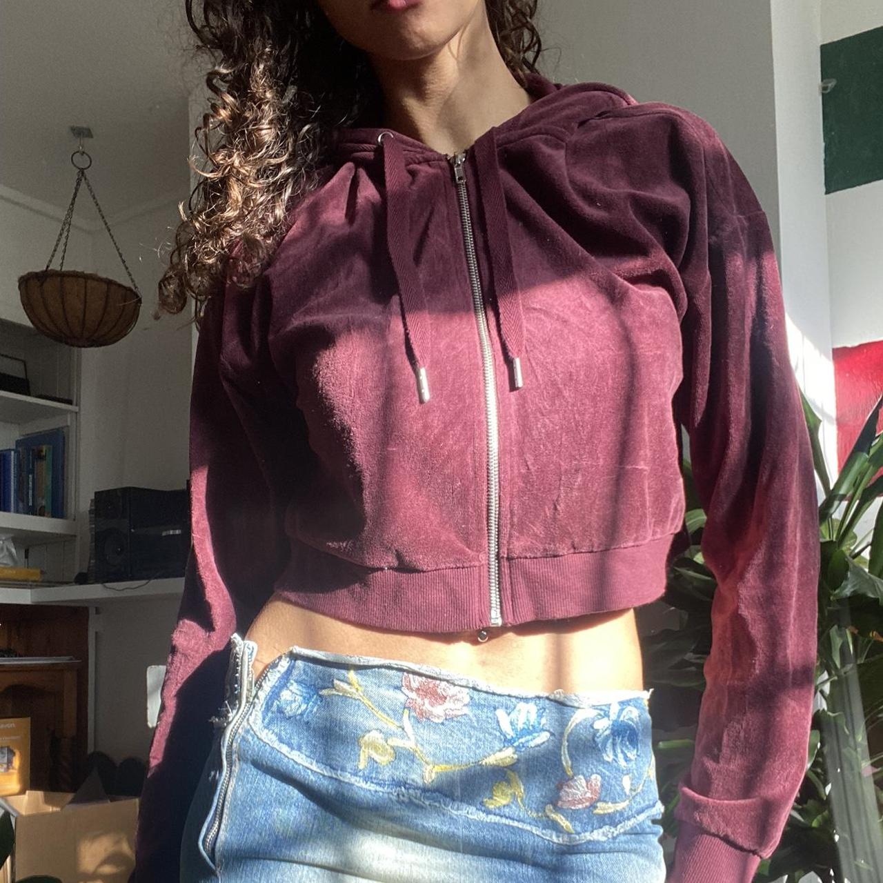 super cute short crop top velour jacket in burgundy red - Depop