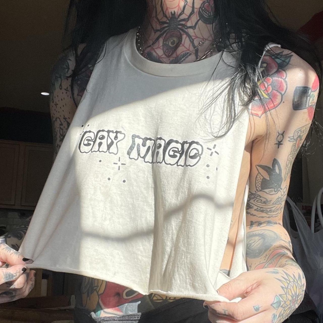 Cream colored cropped muscle tee “gay magic” hand... | Depop