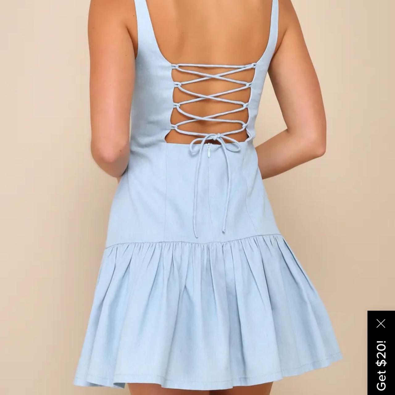 Lulus Adorable Concept Blue Lace-Up Backless Drop... - Depop