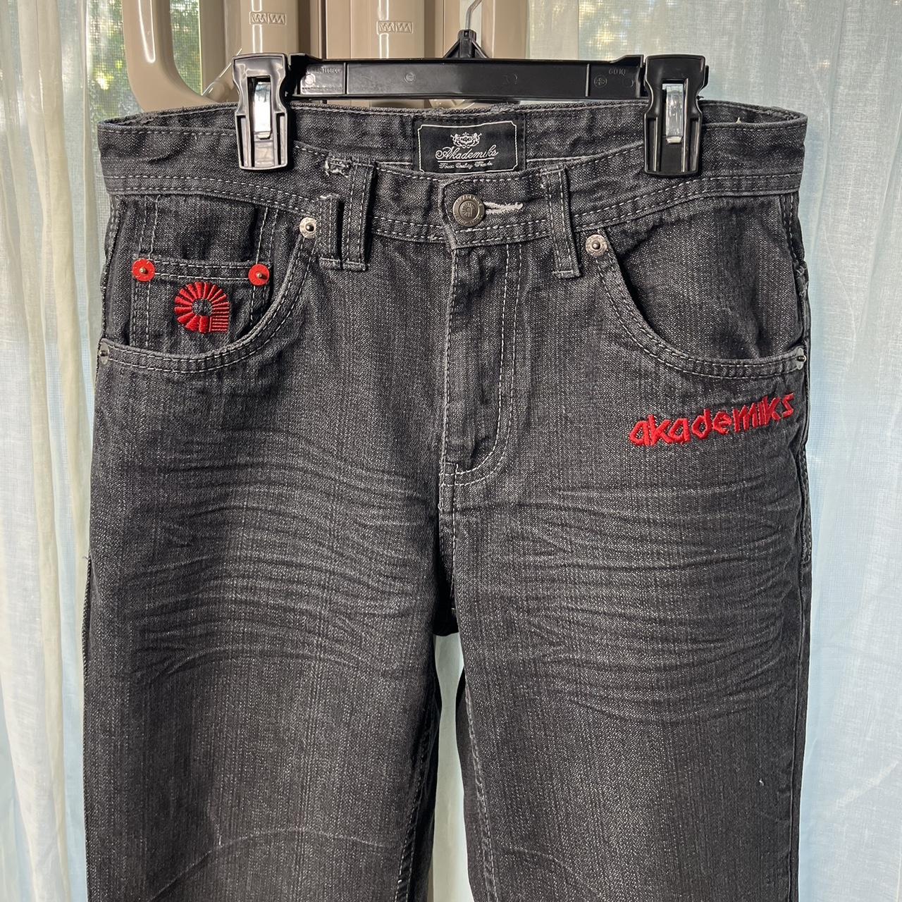 Akademiks High Waisted Boot Cut Black Jeans with Red... - Depop