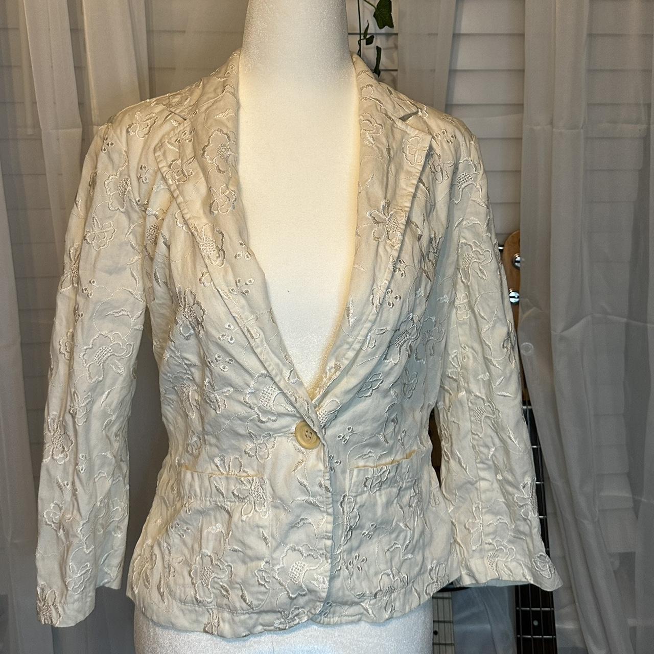 cream colored medium flower embroidered blazer... - Depop