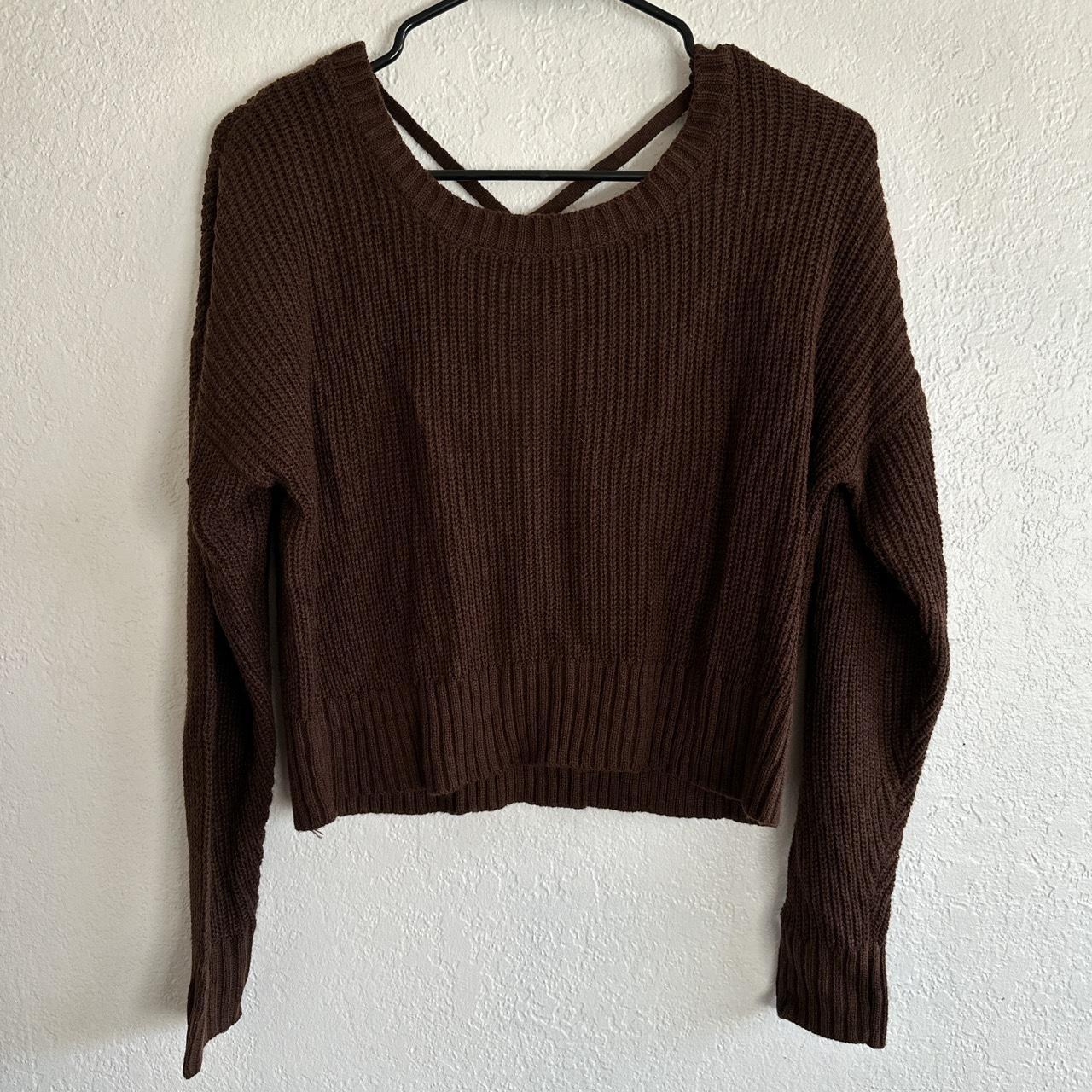 brown knit sweater with crisscross detail in the... - Depop