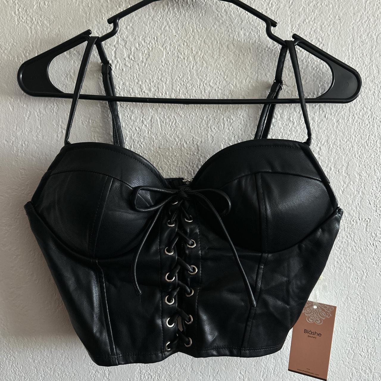 black fake leather corset crop top 🥀 size... - Depop
