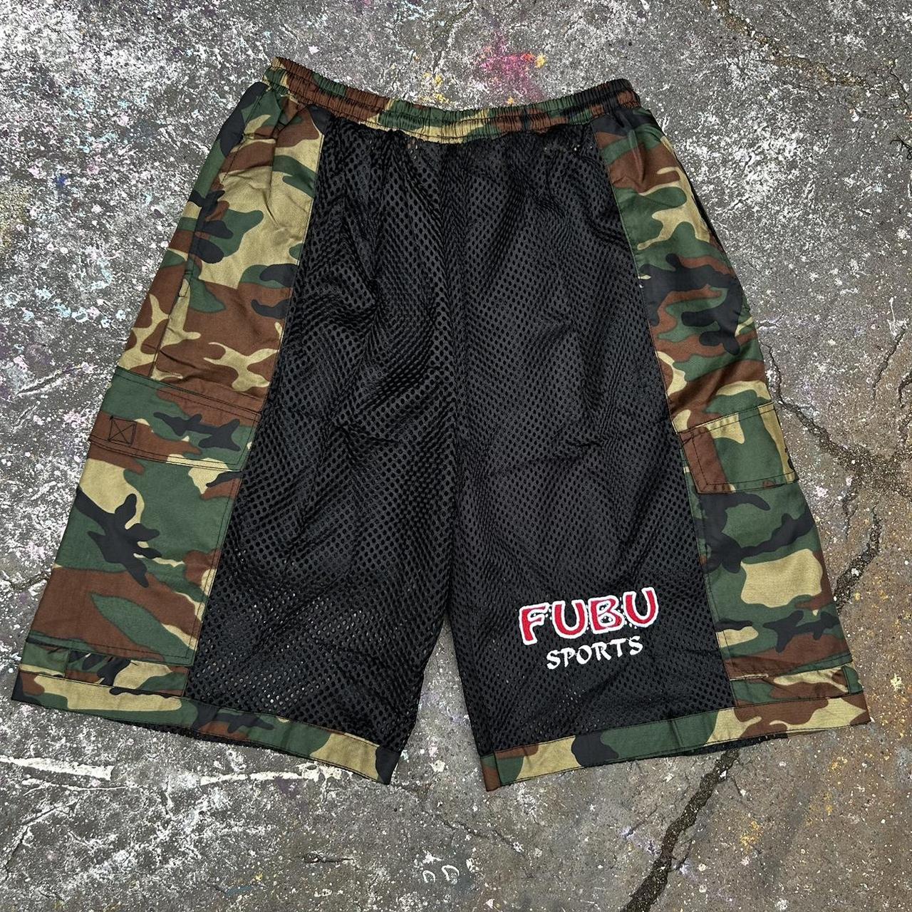 Vintage Y2K Fubu Mesh Camo Baggy Shorts Size... - Depop