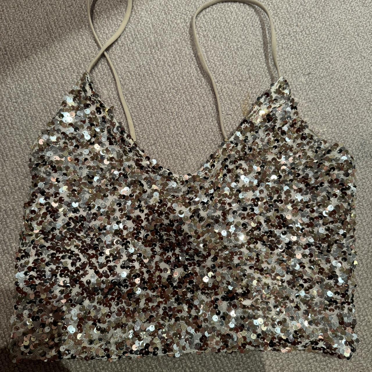 Sparkly gold and silver sequin crop top... - Depop