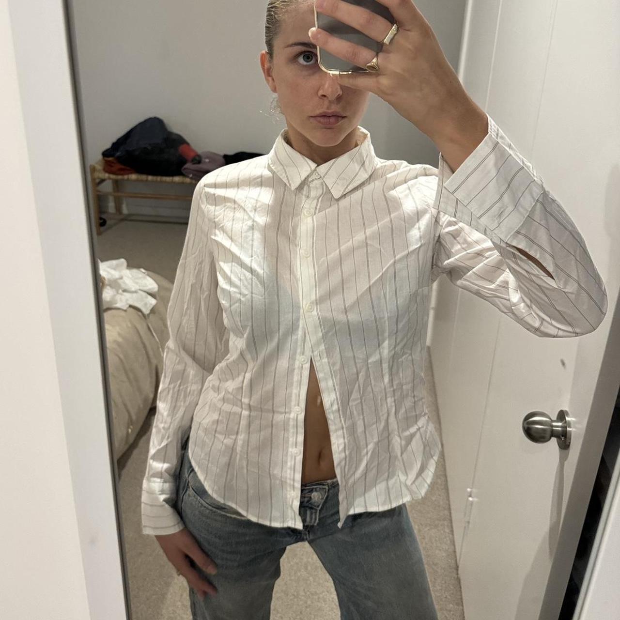 White pin stripe button up shirt Super flattering... - Depop