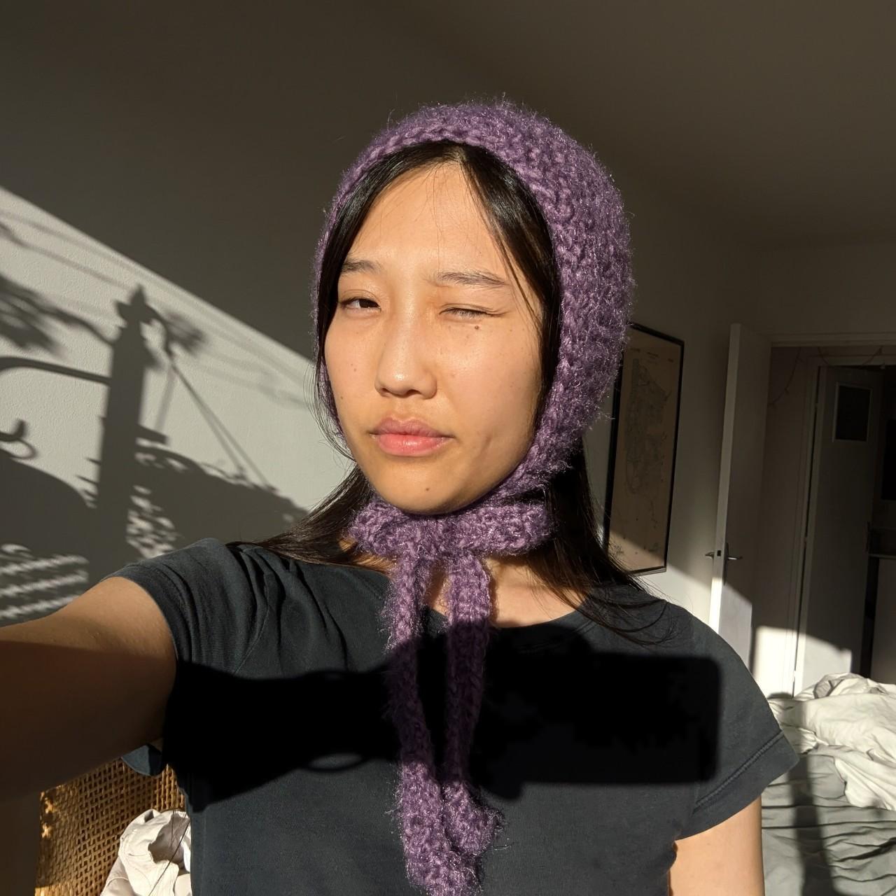 Fuzzy crochet bonnet hood Crochet fluffy purple... | Depop