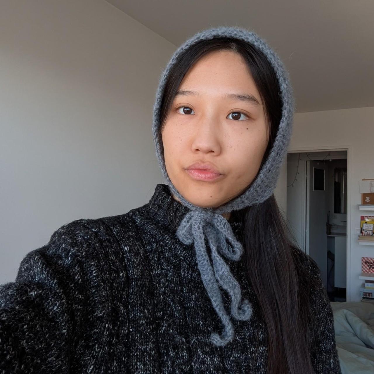 Crochet grey bonnet charcoal color. Two strands... - Depop