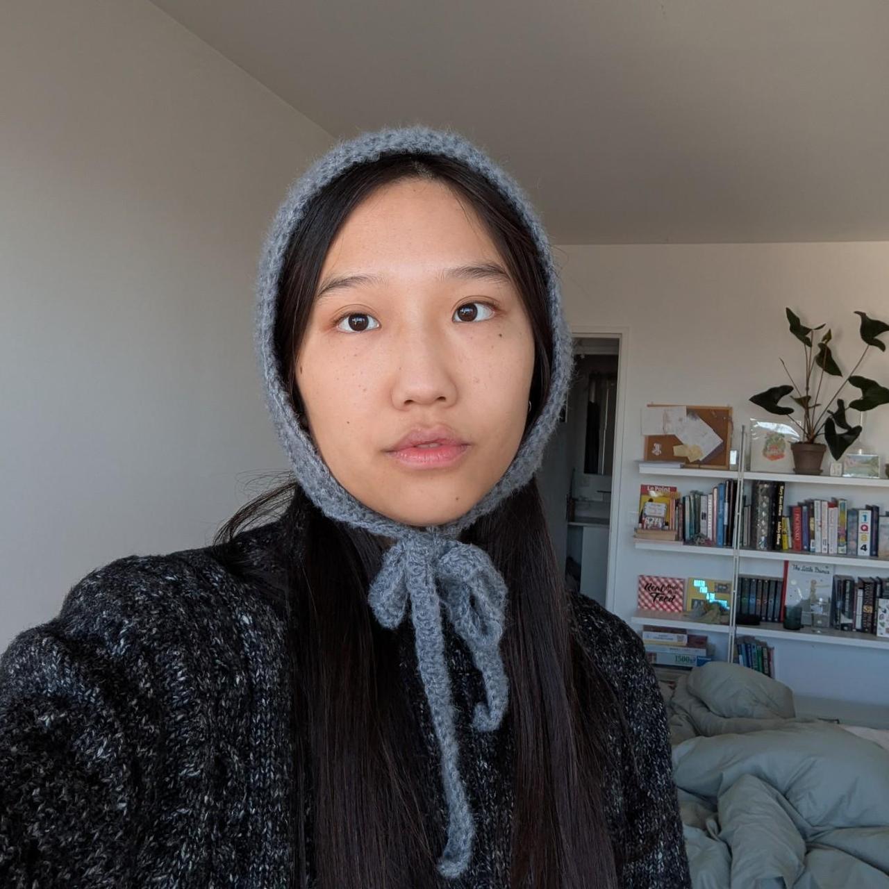 Crochet grey bonnet charcoal color. Two strands... - Depop