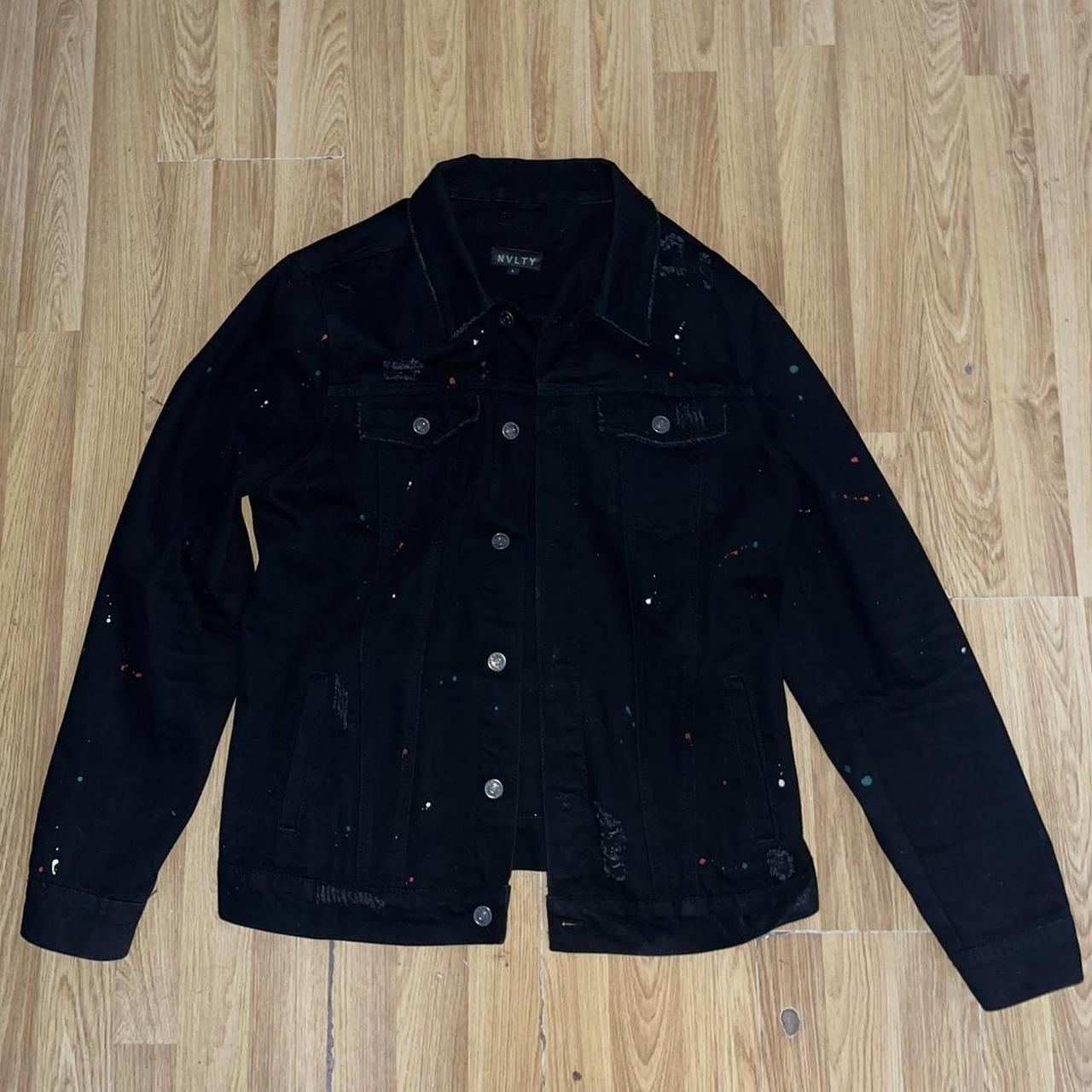 NVLTY Denim Black Jacket w/Paint Splatter... - Depop