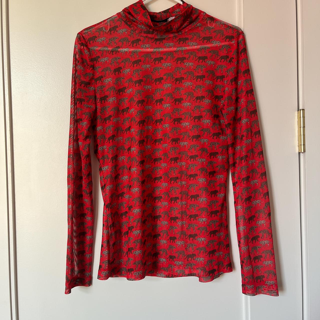 Red leopard design mesh mock neck Tagged for... - Depop