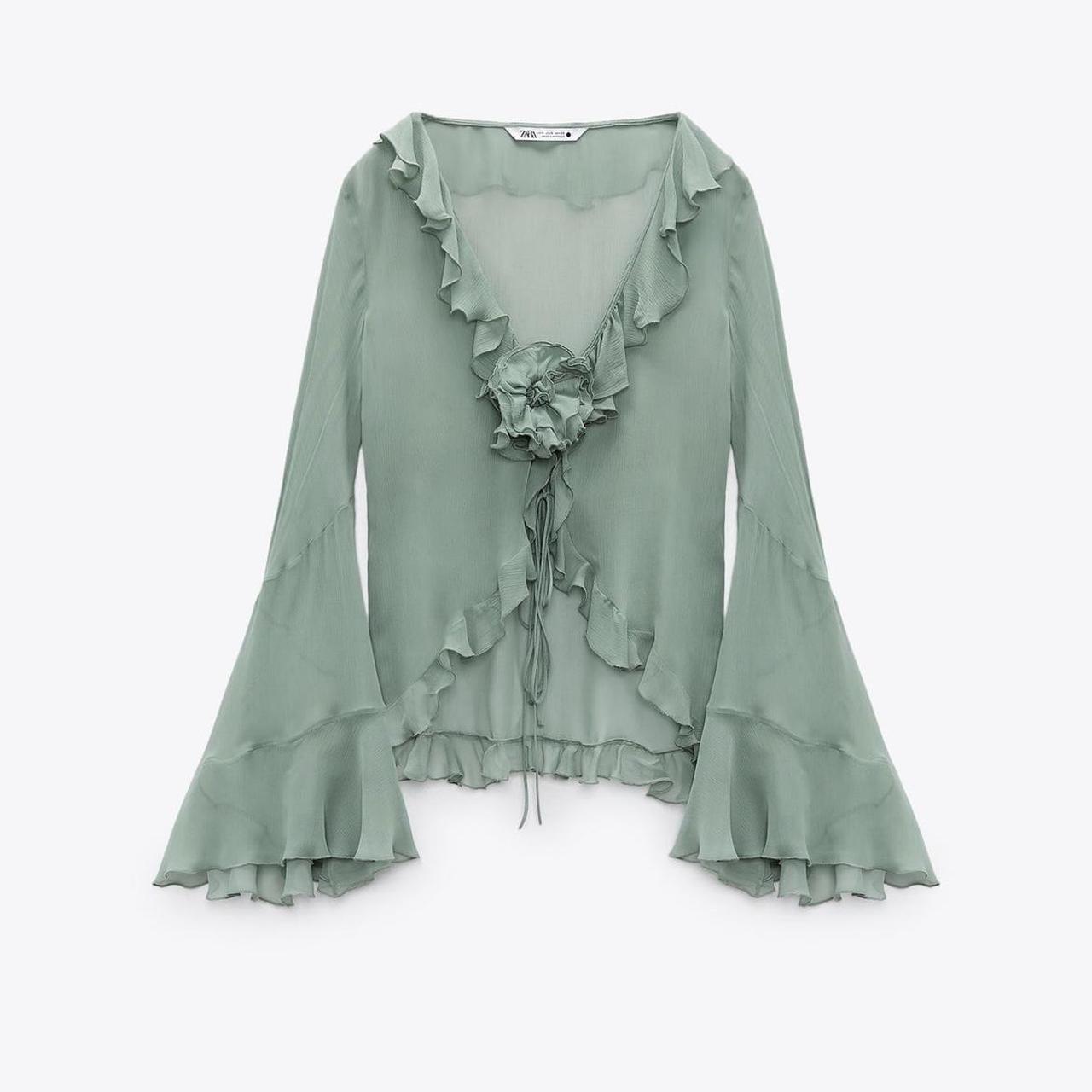 ZARA Semi Sheer Blouse with Ruffle Trim XS BRAND... - Depop