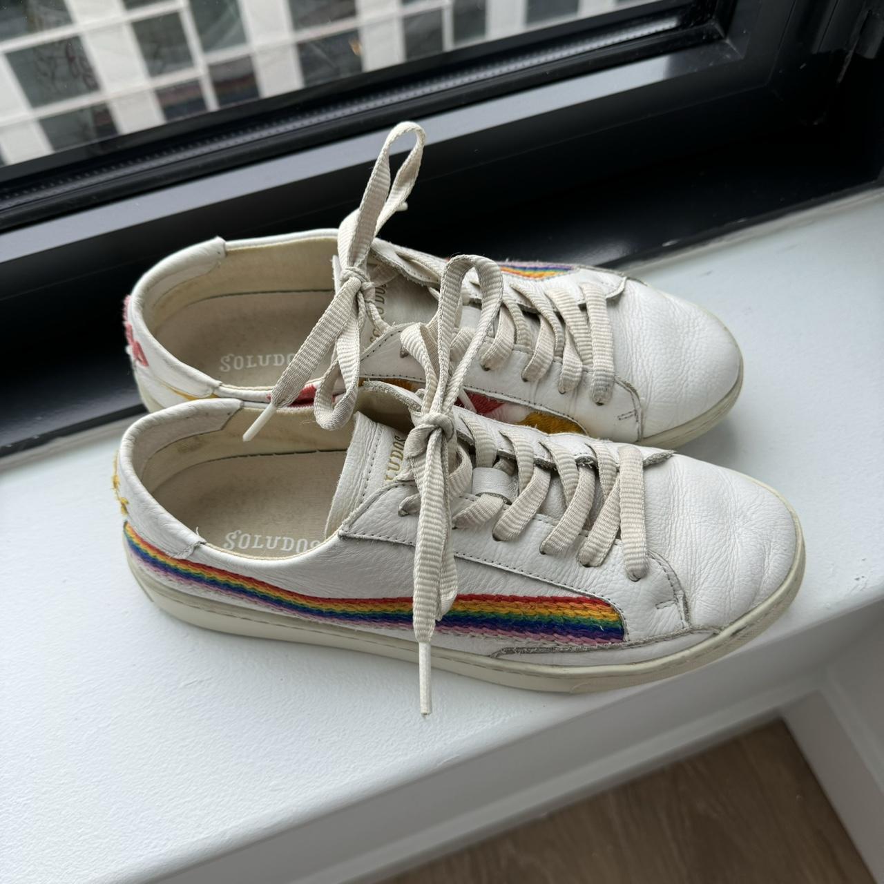 Soludos white sneakers with colorful design on the... - Depop
