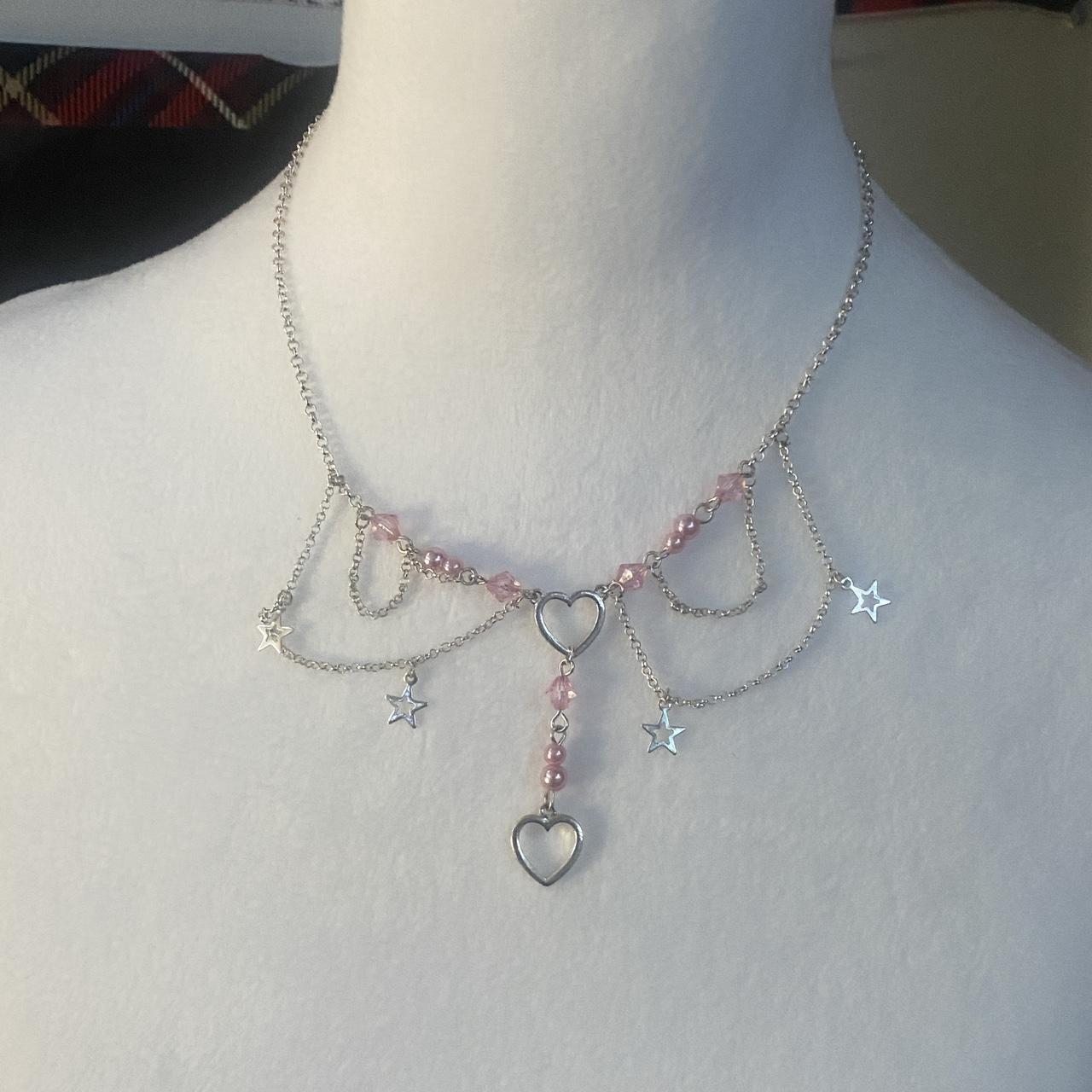 silver chain layered necklace with pink & hearts... - Depop