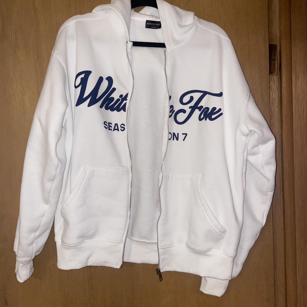 White Fox Zip Up White hoodie. With navy blue... - Depop