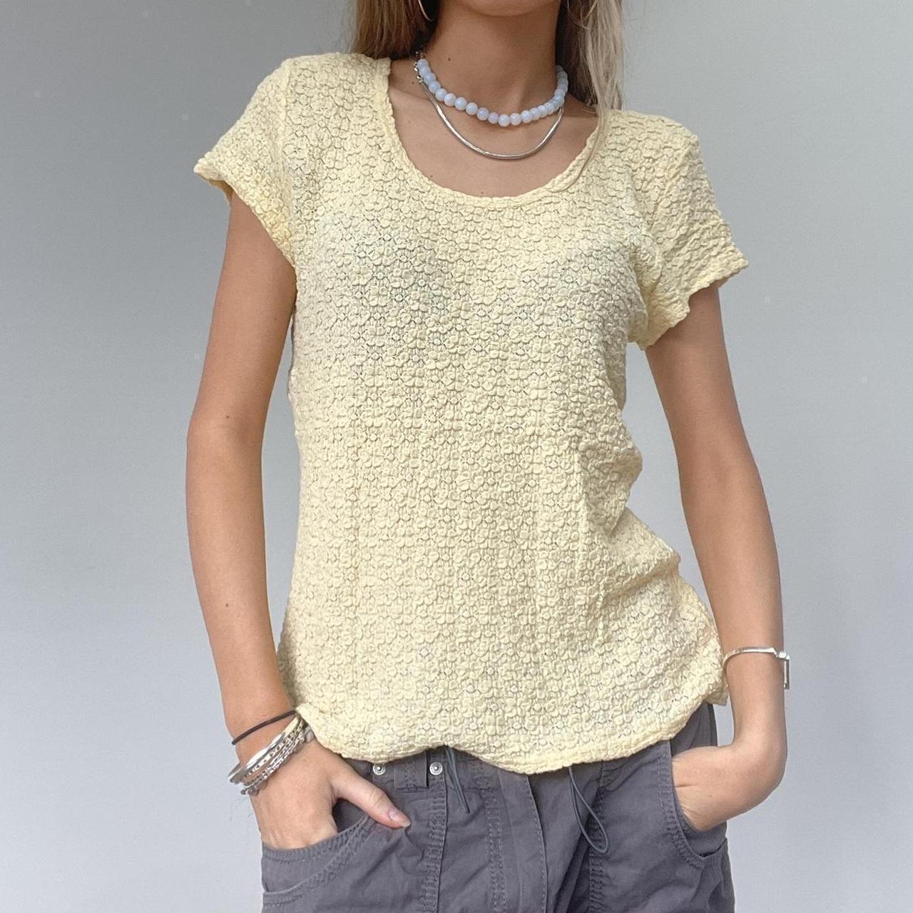 Pretty yellow vintage lace short sleeve T shirt/... - Depop