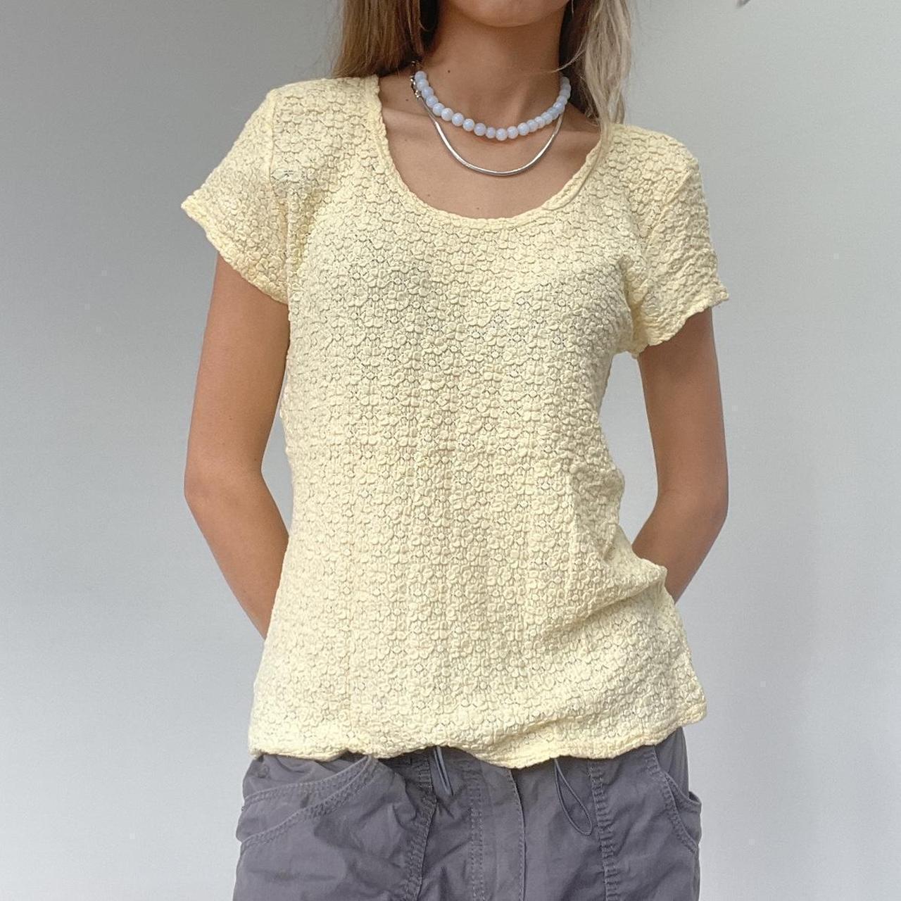 Pretty yellow vintage lace short sleeve T shirt/... - Depop