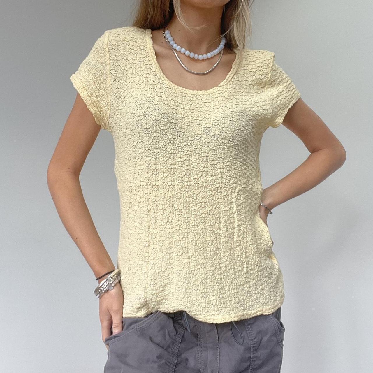 Pretty yellow vintage lace short sleeve T shirt/... - Depop