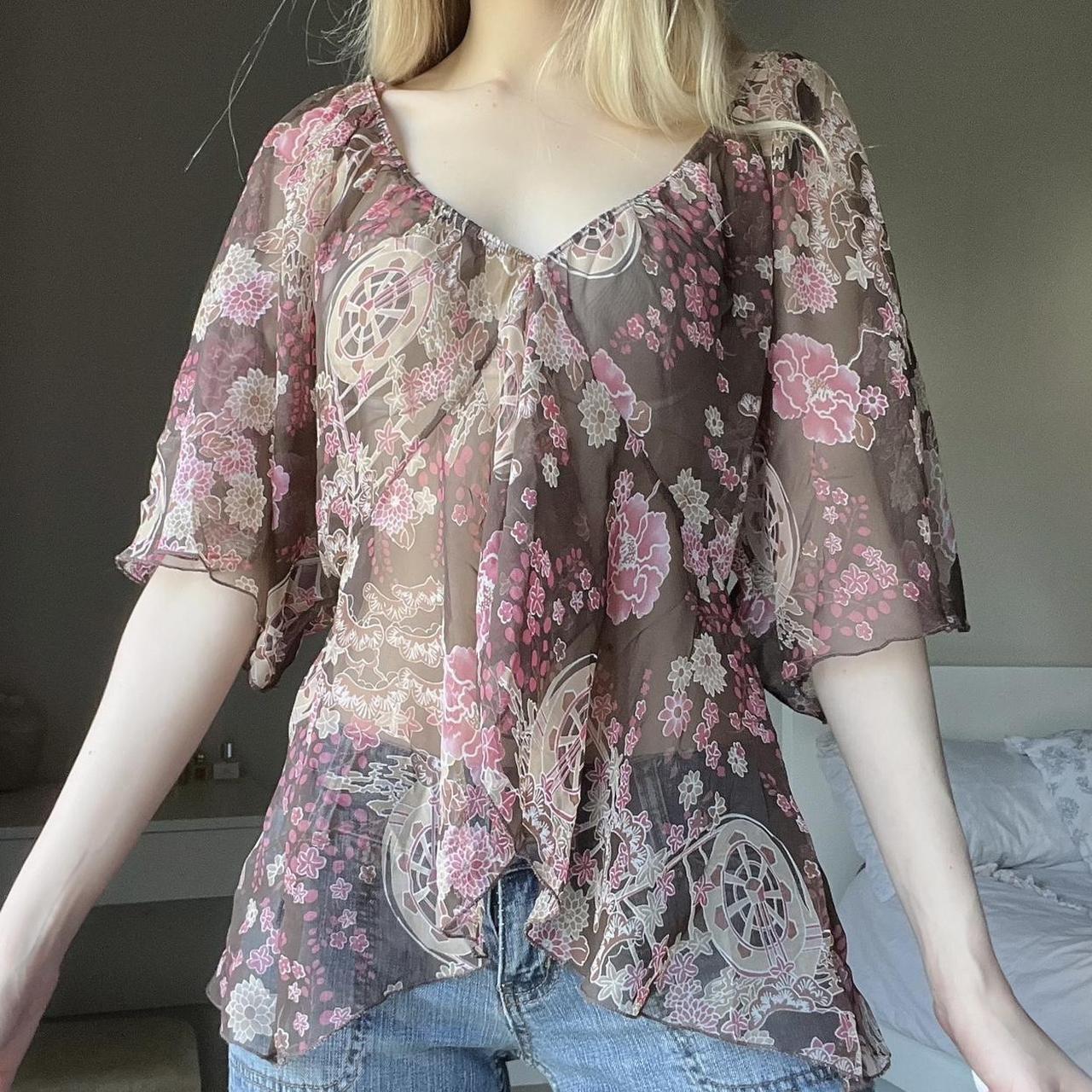 vintage 90s sheer blouse -earthy brown pink/mauve... - Depop