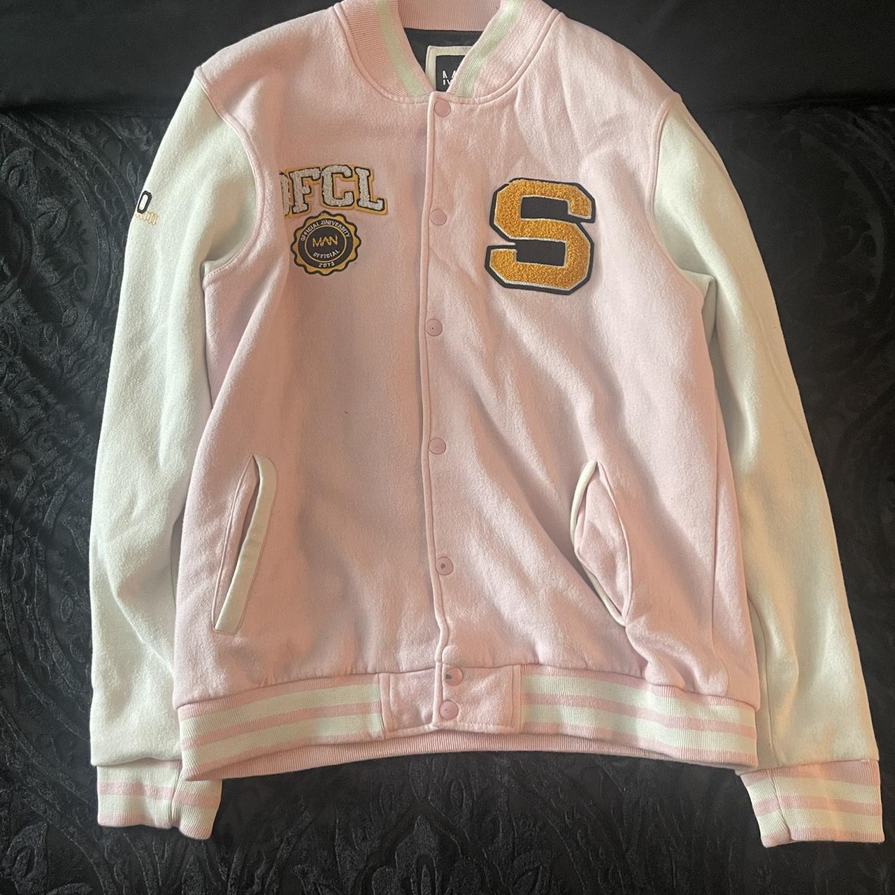 pink and cream varsity jacket - Depop