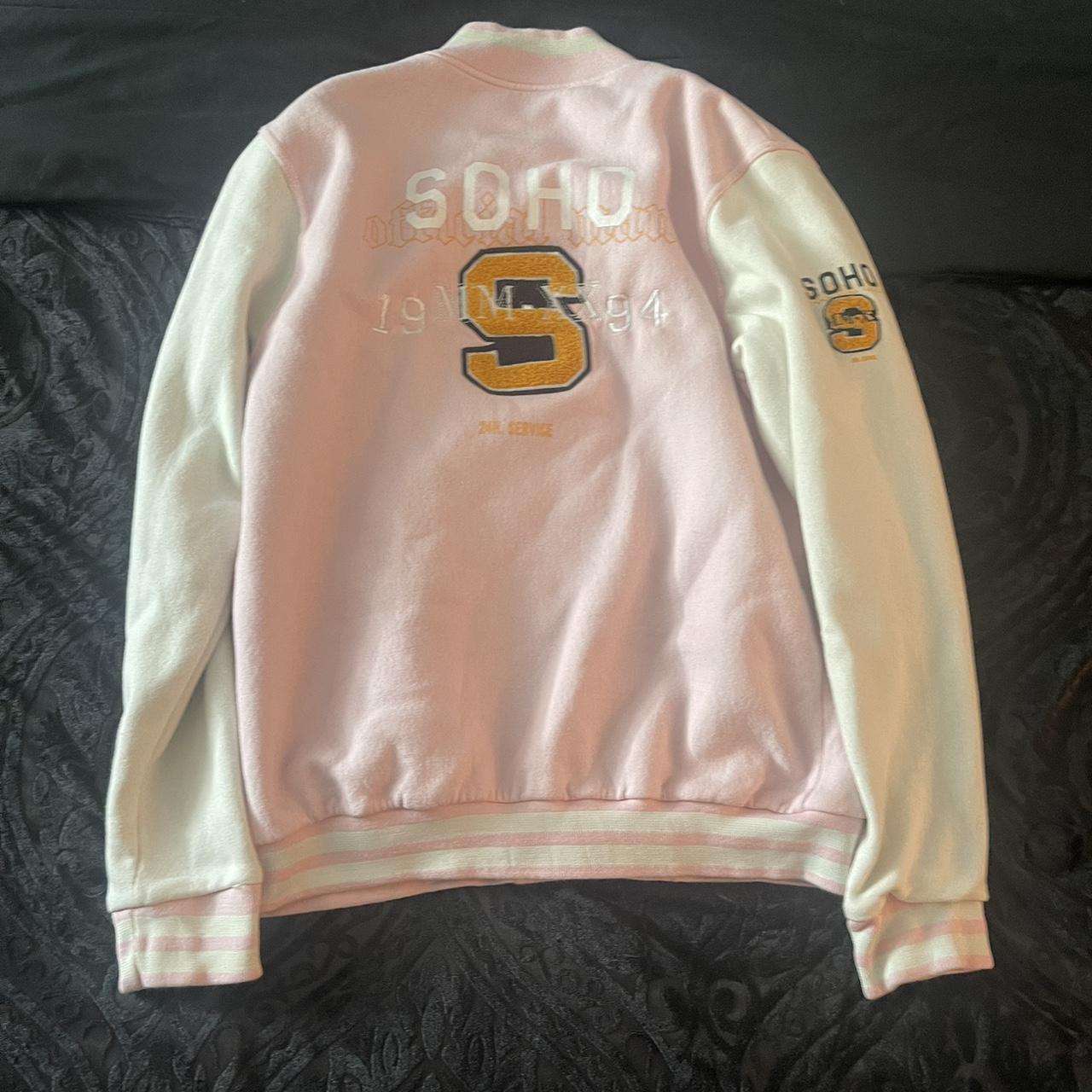 pink and cream varsity jacket - Depop