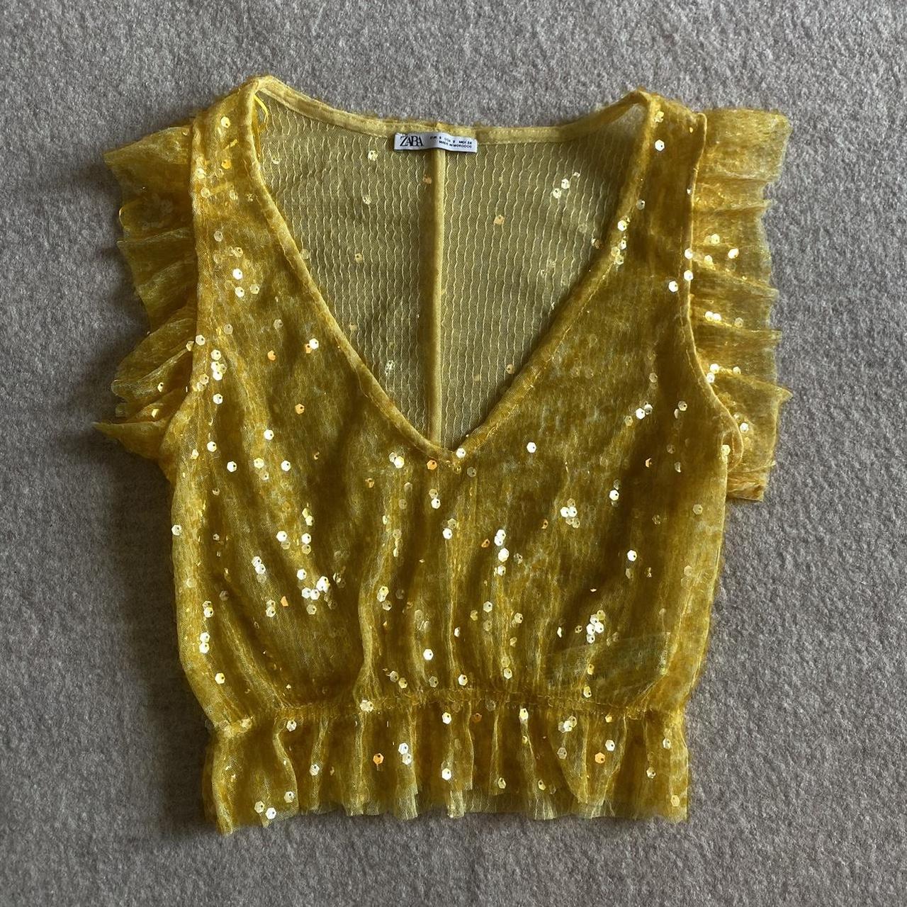 Zara yellow mesh sequenced ruffled crop top - Depop