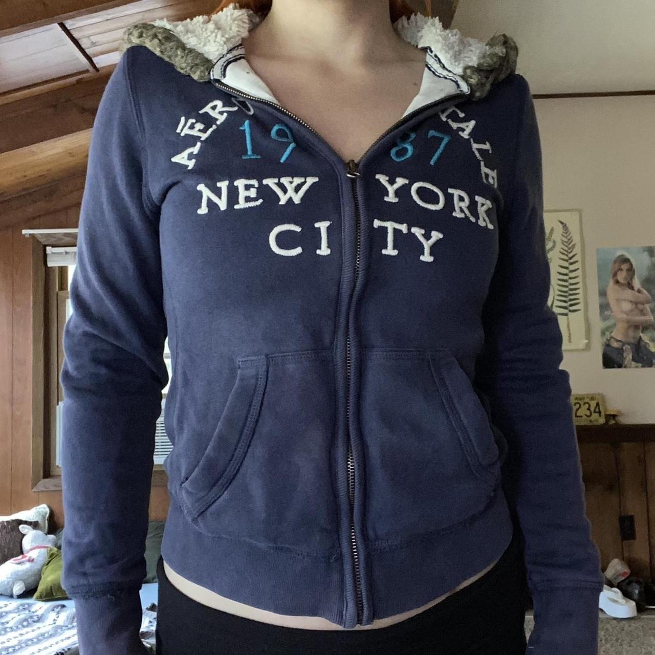 Y2k dark blue Aeropostale fuzzy zip up hoodie. This... - Depop