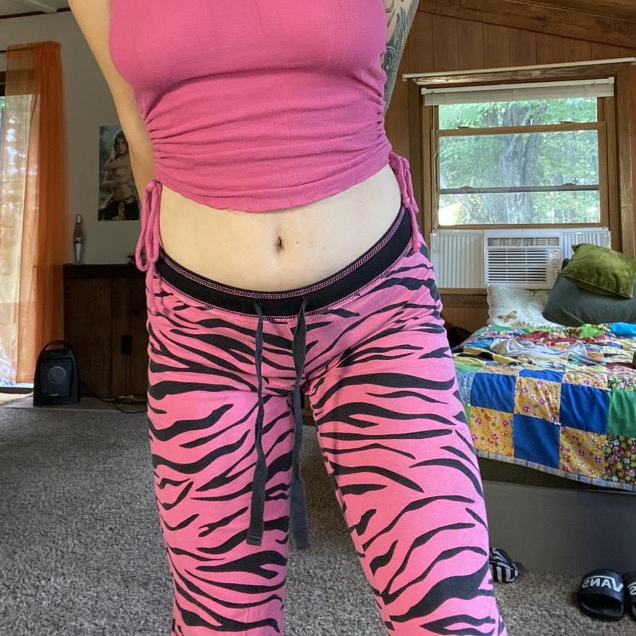 Y2k black and pink zebra print scenecore pajama... - Depop