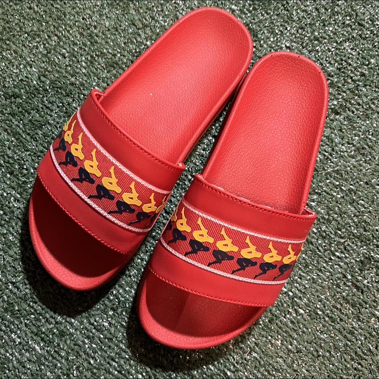 Kappa Men's Red and Yellow Slides | Depop
