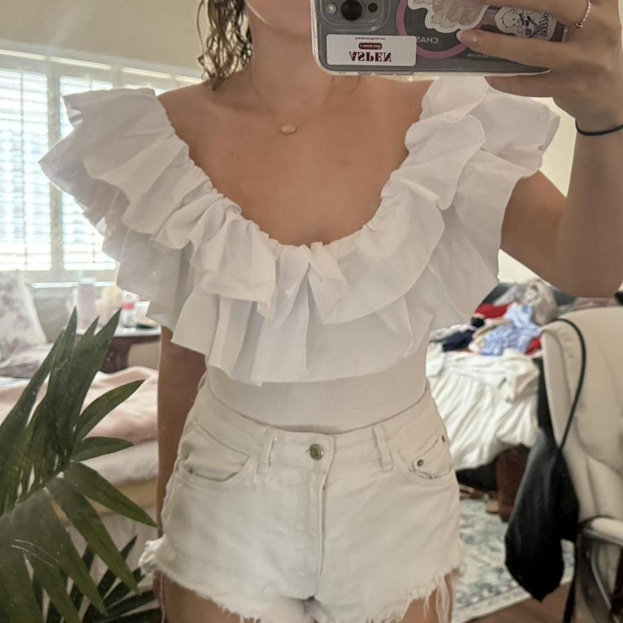 White Zara ruffle bodysuit perfect for vacation or... | Depop