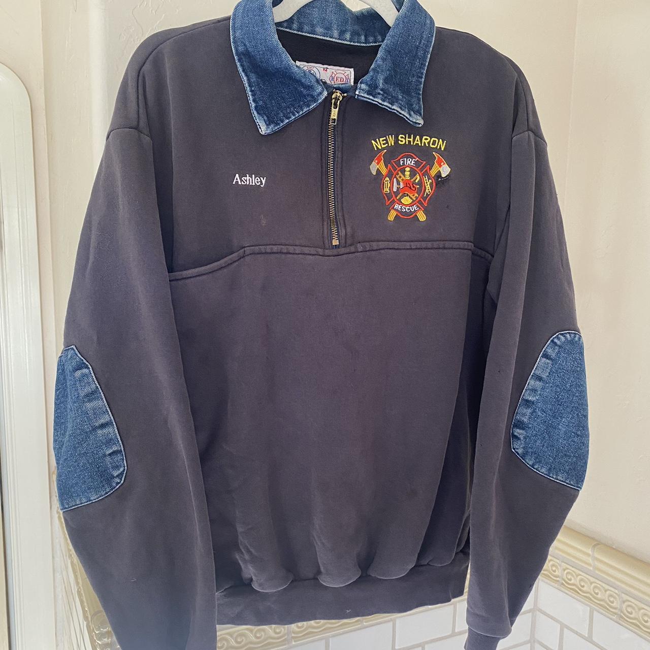 vintage firefighter faded denim patchwork quarter... | Depop