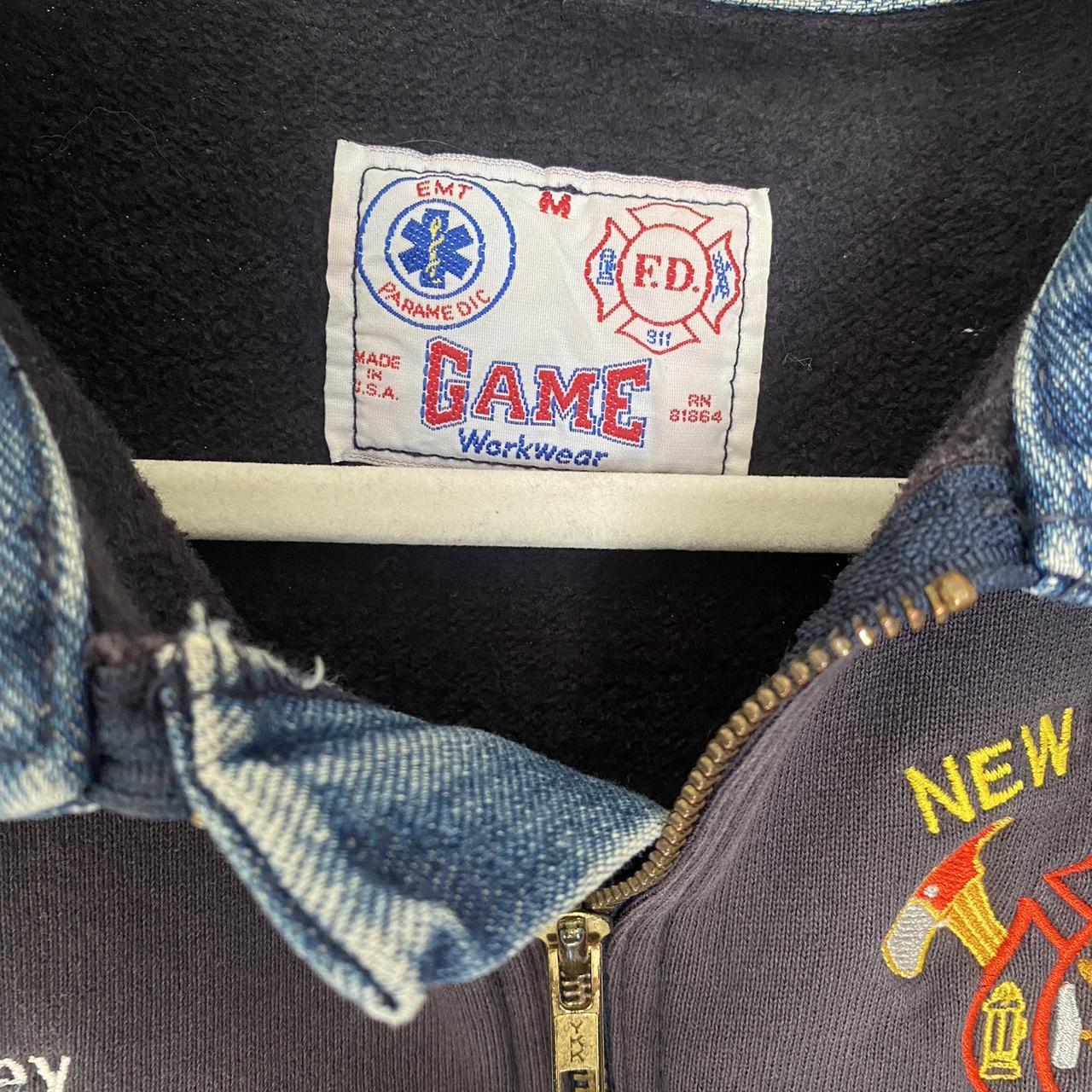 vintage firefighter faded denim patchwork quarter... | Depop