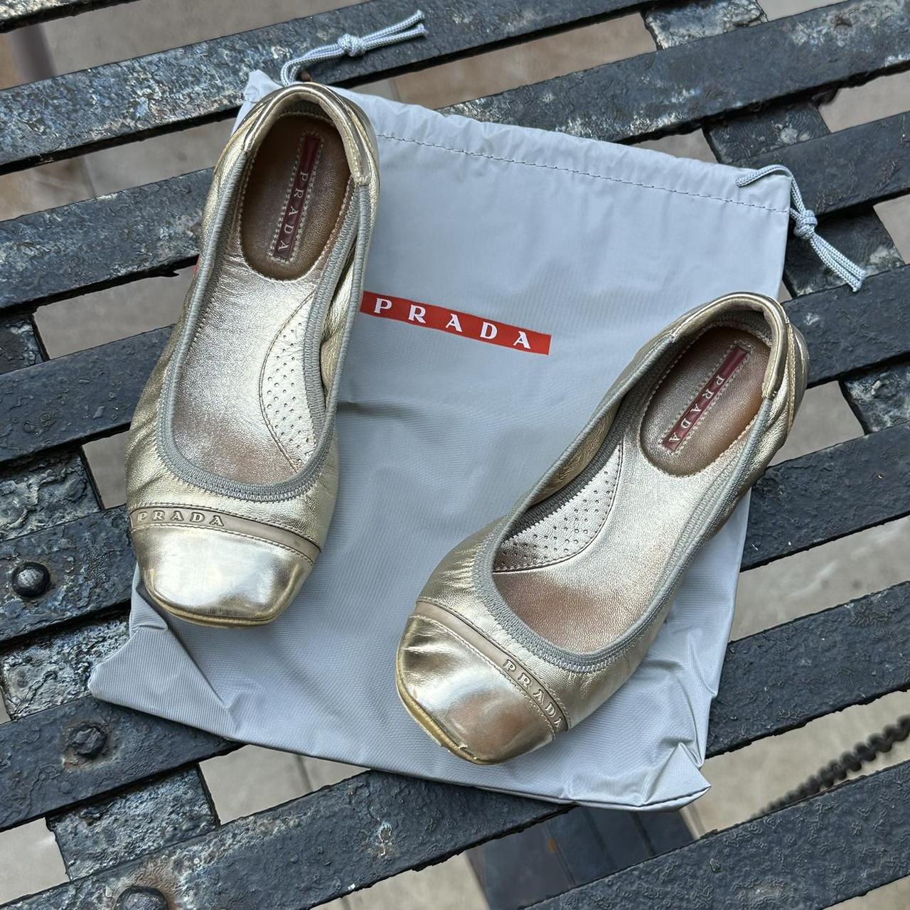 2000s PRADA SPORT gold leather ballet flats in size... - Depop