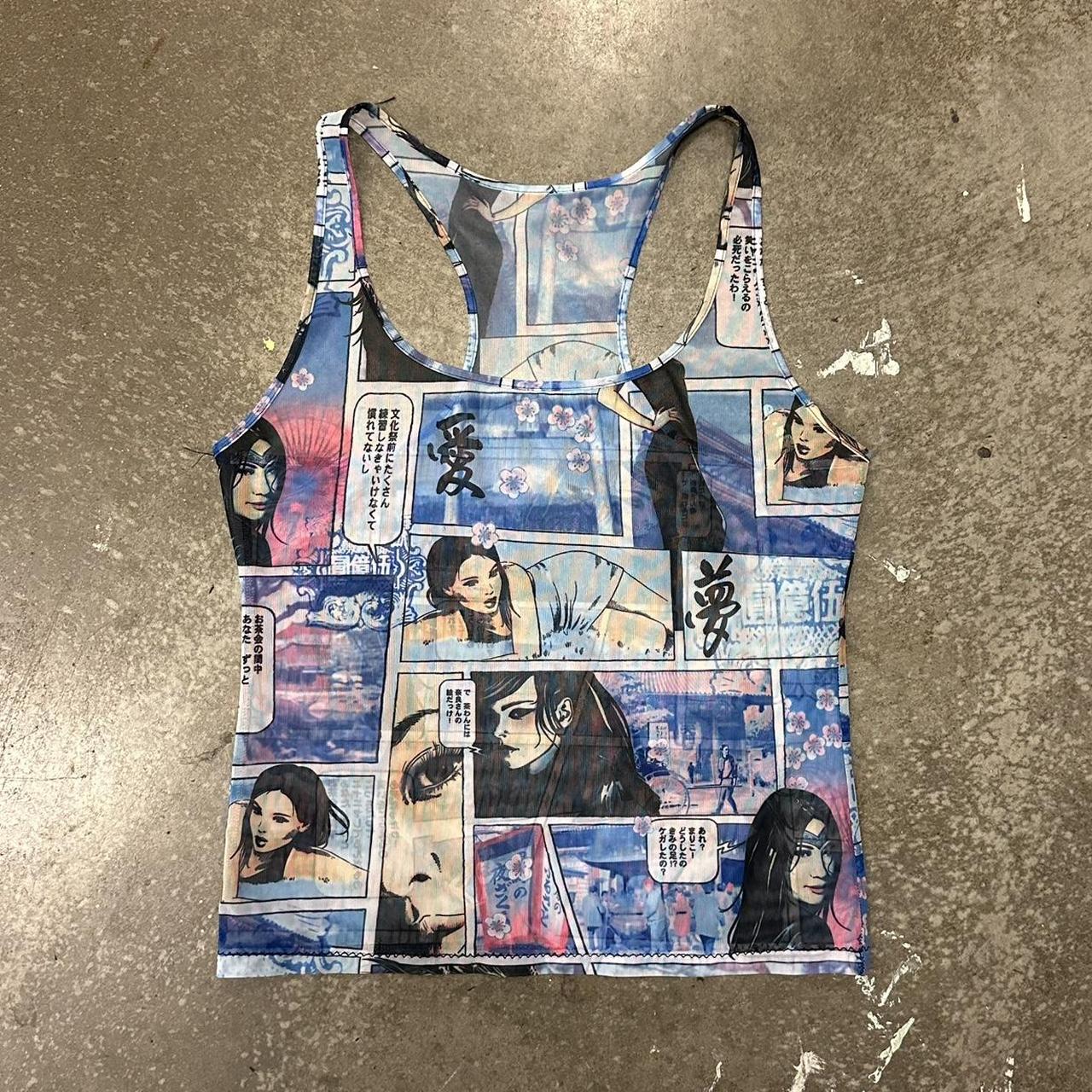 early 2000s micro mesh tank top w/ manga graphic,... - Depop
