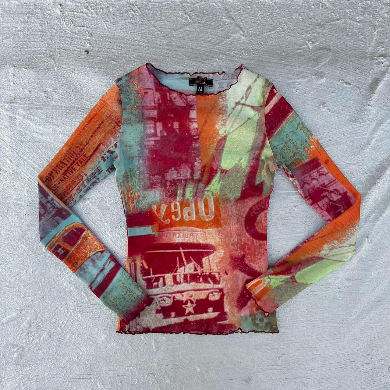 2000s euro graphic mesh top best for S/M: 16” pit... - Depop