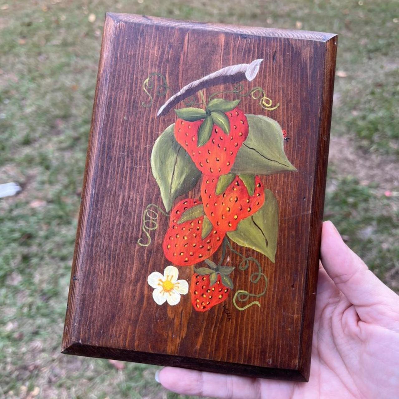 Handpainted Strawberry’s on Wood, peep the little... - Depop