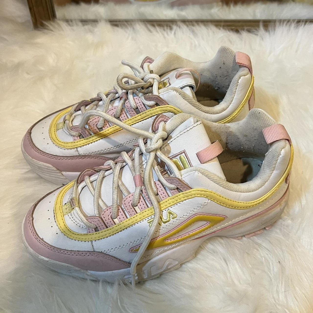 Pink and yellow chunky filas. Some dirt on them (can... - Depop