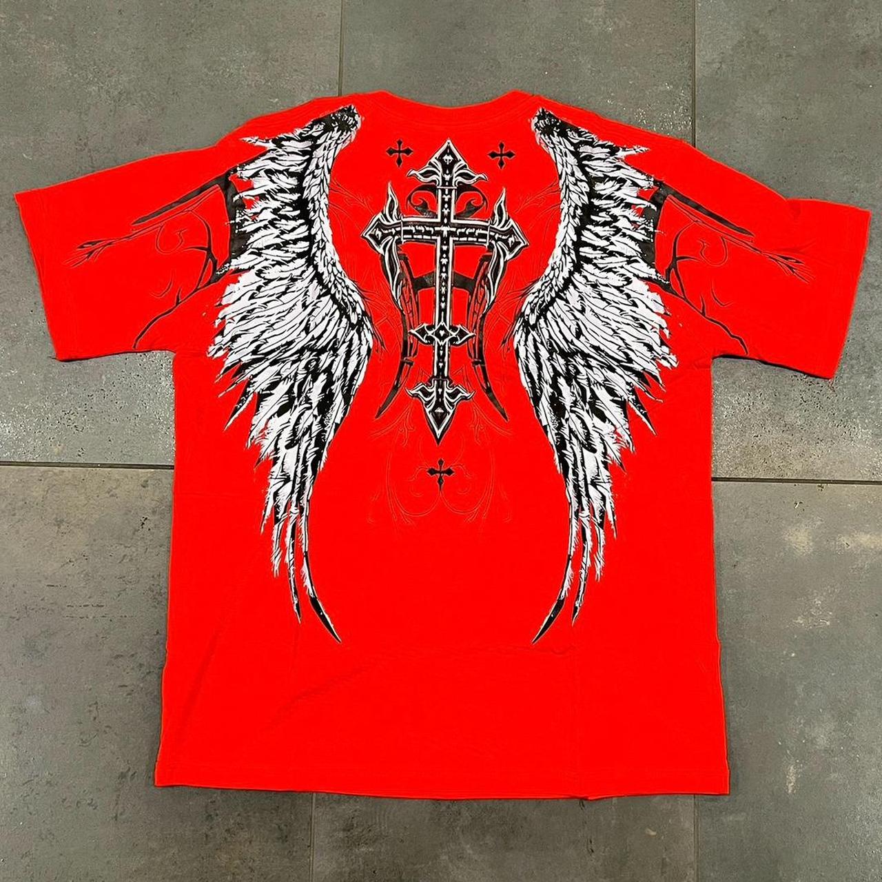 Rare 2000s Winged Cross Graphic T-Shirt Red / White... - Depop