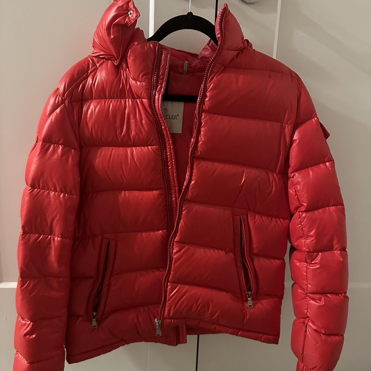 Red moncler , in good condition there is one small... | Depop