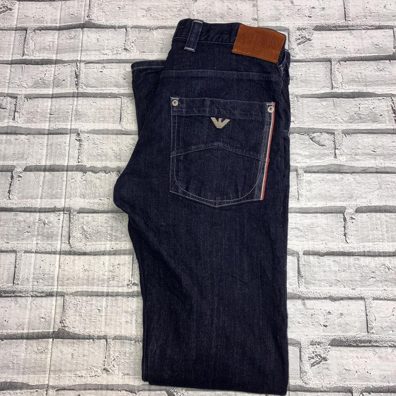 Armani jeans J08 slim dark blue denim jeans with red... - Depop