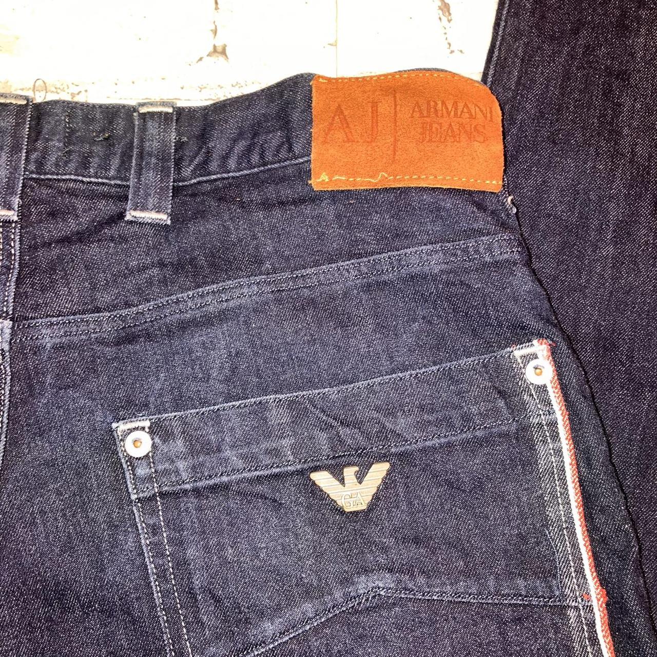 Armani jeans J08 slim dark blue denim jeans with red... - Depop