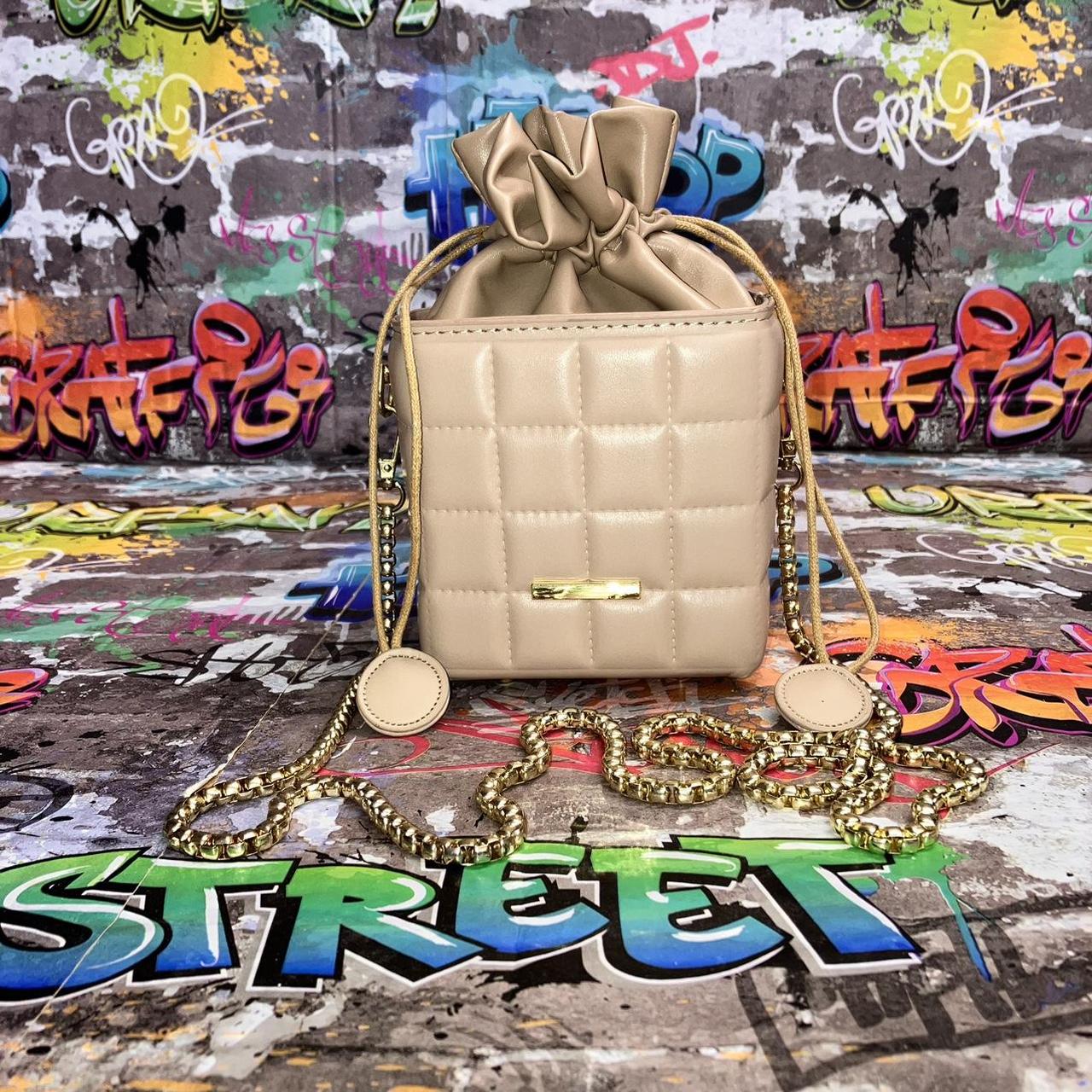 Cream square cube handbag with drawstring fasteners... - Depop