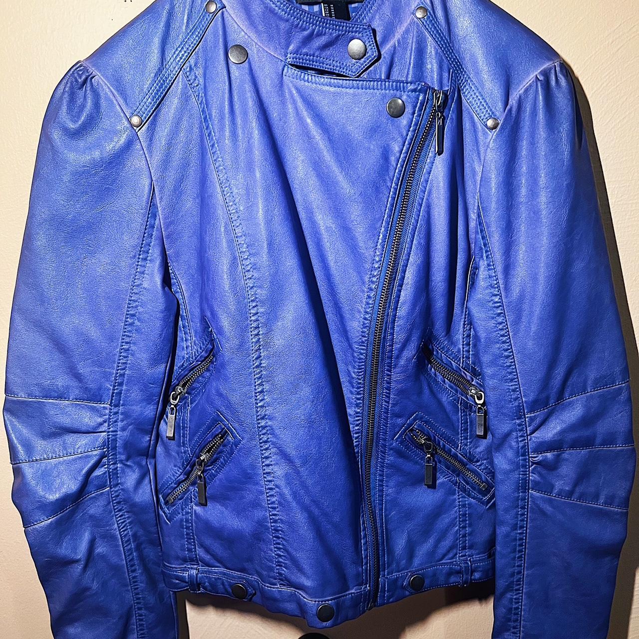 Blue faux leather jacket - Depop