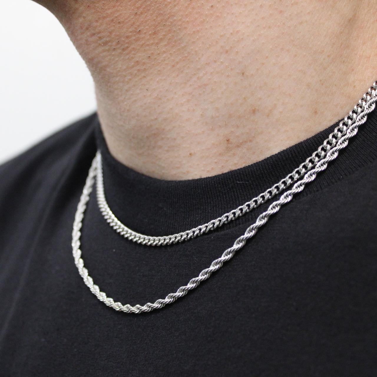 Silver 3mm Cuban Link Chain & Rope Necklace Set... - Depop