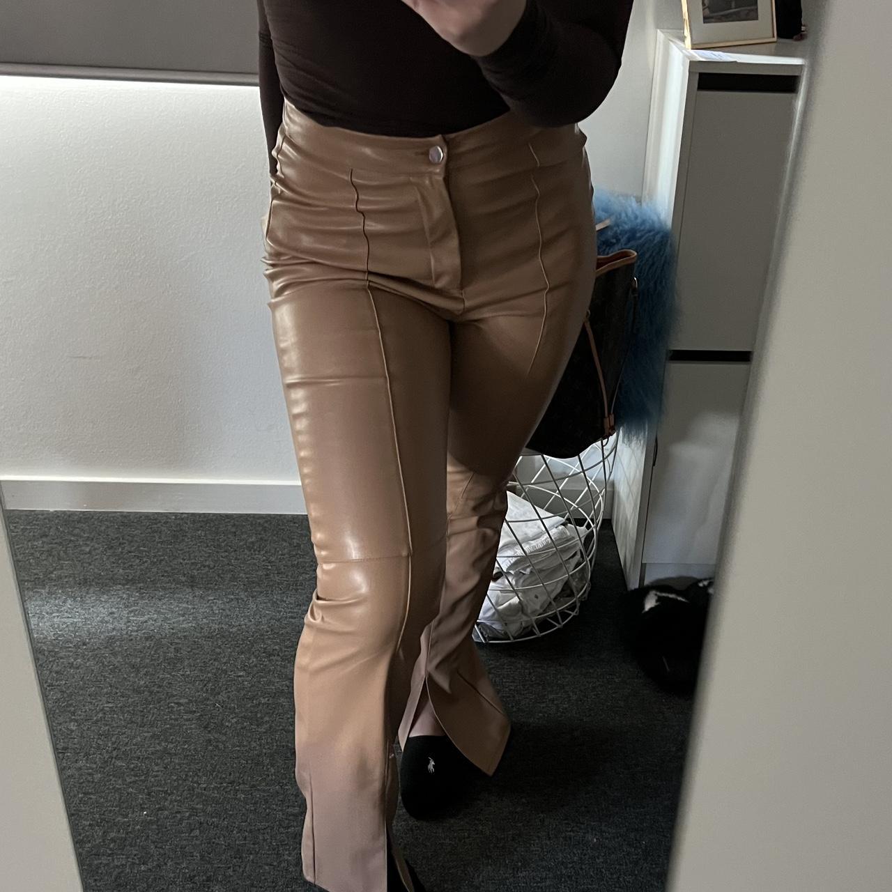 Missguided beige leather pants, split ends, high... - Depop