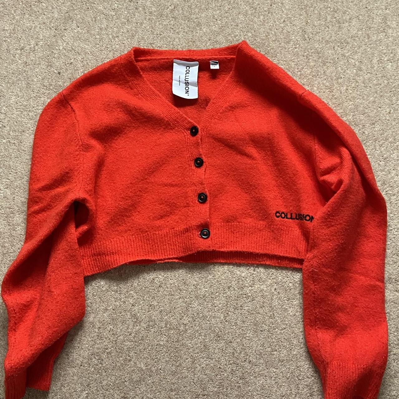 collusion red cropped cardigan worn but still in... - Depop
