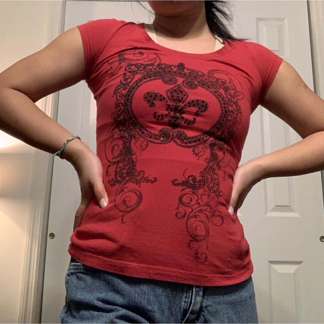 coolest y2k red short sleeve with black detailing... - Depop