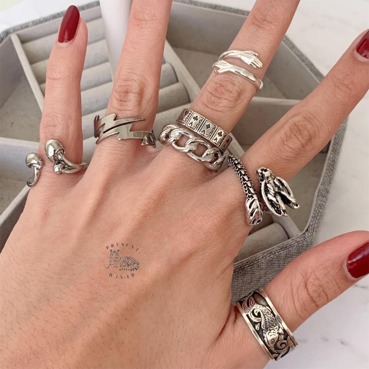 7-piece Grunge Punk Adjustable Ring Pack, Vintage... - Depop