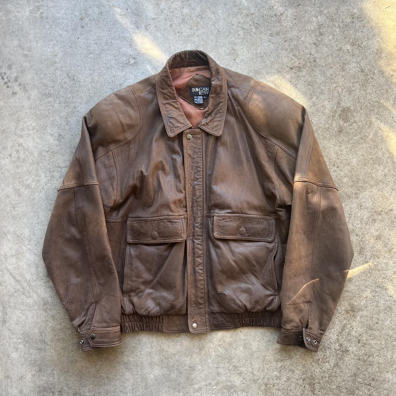Vintage Duncan Row Brown Leather Bomber Jacket... | Depop