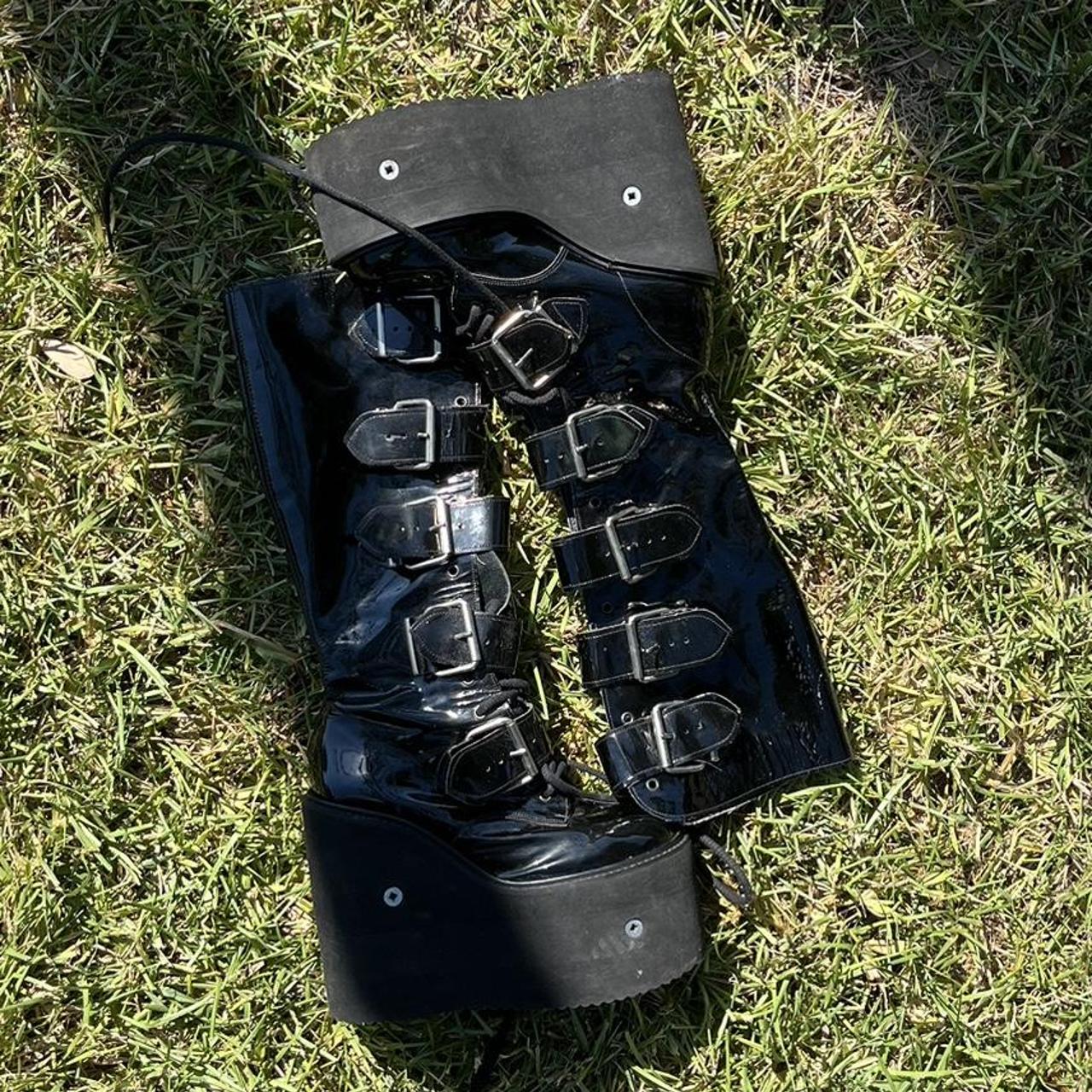 Patent pleather knee high platform boots, size... - Depop